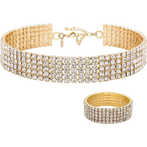 商品名Zealmer ラインストーンチョーカーネックレス レディース 16KゴールドメッキZealmer 5 Row Rhinestone Choker Necklace &amp; Stretch Bracelet for Women G...