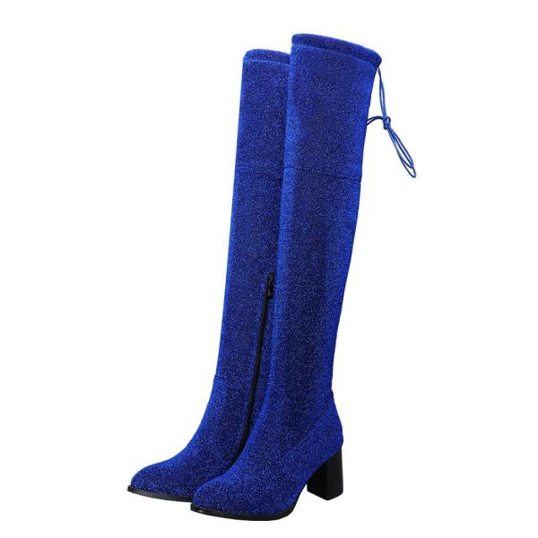 商品名:  LUXMAX Womens Drawstring Sparkly Thigh High Stacked Chunky Heel Pointed Toe Over Knee Boots Size 7.5 M US,Royal Bl...
