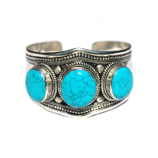 商品名: ブルースタビライズドターコイズ&amp;アルジェンチウムメッキ ステンレススチール 調節可能なカフブレスレット | ボホージュエリー ネパール製, Adjustable, 金属, スタビライズドターコイズ Blue Stabili...