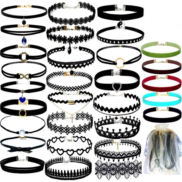 商品名30ピース ブラックチョーカーネックレスセット レディース ベルベットチョーカーセット クラシック レースタトゥーチャーム ガールズ ストレッチネックレス30 Pcs Black Choker Necklaces Set Womens...