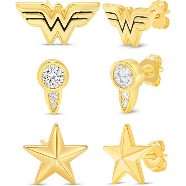 商品名DC Comics ワンダーウーマン 1984 公式ライセンス イエローゴールドメッキ スタッドピアスセット 3組DC Comics Wonder Woman Stud Earrings Set, 3 Pairs, Flash Pla...
