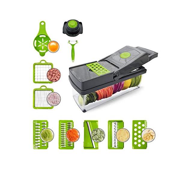 商品名: フードチョッパー 野菜 - フルーツ-チーズ-オニオンチョッパー スライサー ダイサー トマトカッター おろし金 10 in 1 野菜チョッパー スパイラライザー サラダポテトスライサー コンテナ付き 多機能キッチン補助チョッパー...