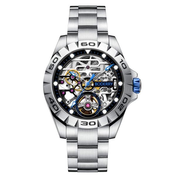 商品名: BODERRY オリジナル アーバン メンズ 72H パワーリザーブ ステンレススチール スケルトンウォッチ ファッション 自動巻き 機械式 夜光腕時計 ゴム/レザーストラップ付き, ブルー/スチール。, 機械式。 BODERRY...