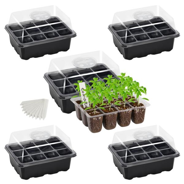 商品名: 種子トレイ 苗スタータートレイ 5個パック 湿度調節可能 植物スターターキット ドームとベース付き 温室成長トレイ ミニプロパゲーター 種子成長始動用 (トレイあたり12セル) Bonviee 5-Pack Seed Starte...