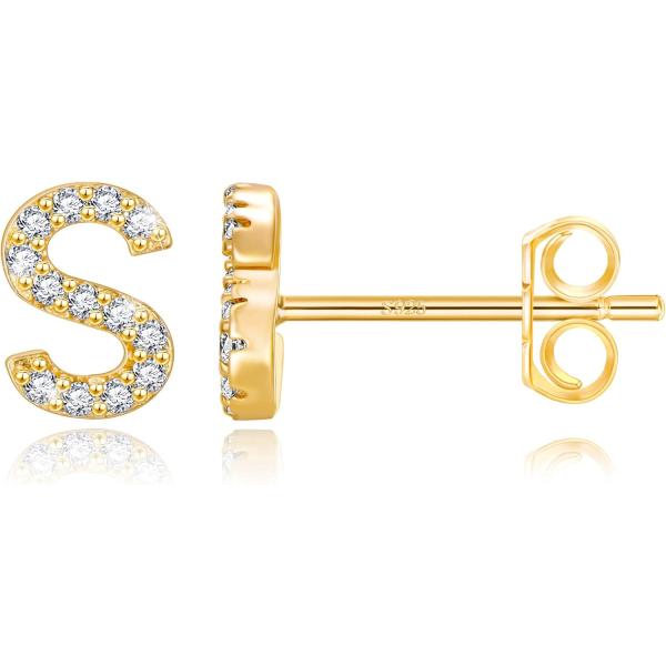 商品名S Earrings for Women, Hypoallergenic CZ Initial Stud Earrings Alphabet Earrings for Women, 14K Gold Plated Cubic Zirc...
