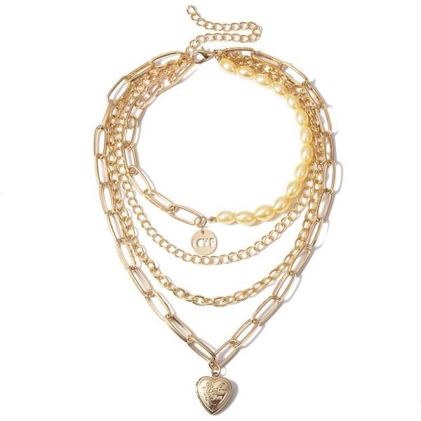 商品名YERTTER 上品 ユニーク パンク レイヤリング ハーフパール チェーン チョーカー ネックレス ボーホー ジュエリー セット レイヤード ハート ペンダント ステートメント チャンキー チェーン ネックレス レディース メンズY...