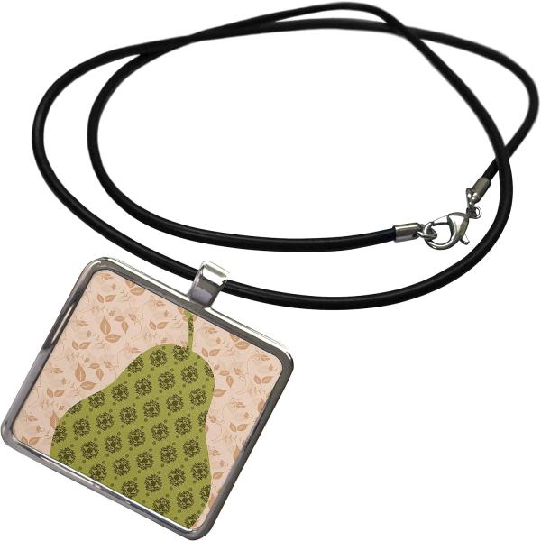 商品名3dRose PS Creations - Peach Leaves with Green Pear - Fruits - Kitchen Art - Necklace With Rectangle Pendant (ncl_1089...