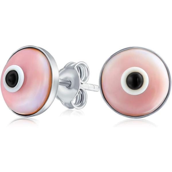 商品名精神的な保護ラウンド ピンク ナザール悪の目スタッド ピアス女性ティーン ムラーノ ガラス .925 スターリング シルバー 9 MM トルコで作られたSpiritual Protection Round Pink Nazar Evi...