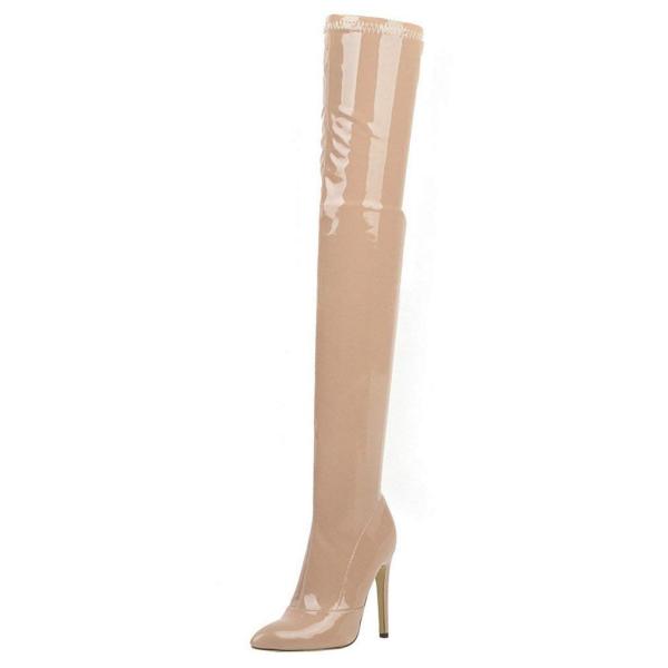 商品名:  LUXMAX Women Patent Leather Thigh High Boots Stiletto High Heel Pointed Toe Over The Knee Boots, Size 11.5 M US,Be...