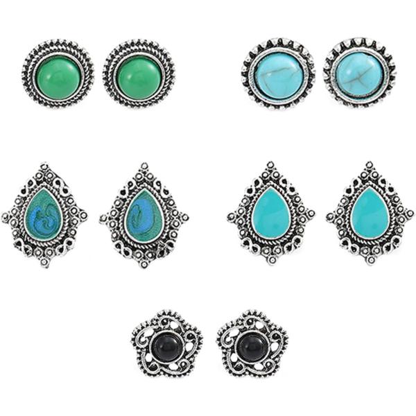 商品名Yokawe ボーホー ターコイズ スタッドイヤリングセット ビンテージ シルバー クリスタル 宝石 イヤリング スタッド マルチイヤー ジュエリー レディース ガールズ ギフト (5ペア)Yokawe Boho Turquoise ...