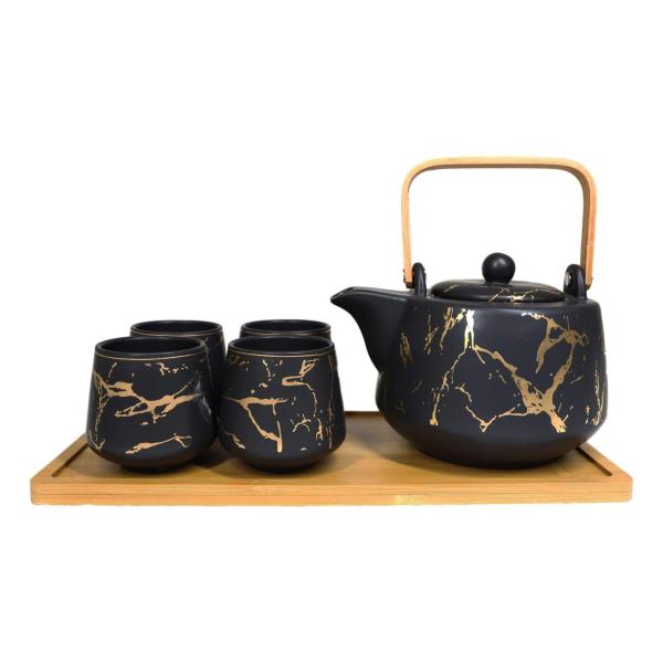 商品名: Ebros Gift コンテンポラリー ミニマリスト フェイク大理石仕上げ ゴールドベインデザイン セラミック 37オンス ティーポットとカップ 竹製サービングトレイセット サービス4人用 禅ホームデコティーポットアクセント (マ...