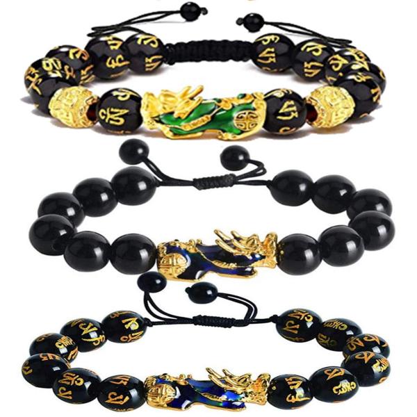 商品名: ハンドメイド 彫刻 マントラストーン Pi Xiu Feng Shui ブラック 黒曜石 富 ラッキーブレスレット レディース メンズ 調節可能 14Kゴールドメッキ 編組ロープ お守り ブレスレット 保護ジュエリー N/Q Ha...