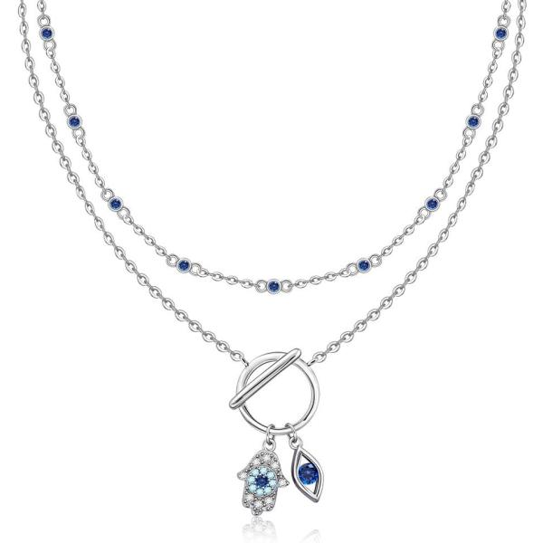 商品名レイヤード ハムサの手 イービルアイ ネックレス レディース S925スターリングシルバー トグルネックレス ビーズチェーン付き 幸運のハンド ファティマチョーカー ティーンの女の子向けLayered Hamsa Hand Evil ...