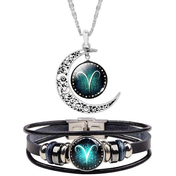 商品名: HUASAI 12星座 手編みレザーブレスレットとムーンペンダントネックレス 星座 ジュエリーセット HUASAI Aries Necklace 12 Twelve Constellations Hand Woven Leathe...
