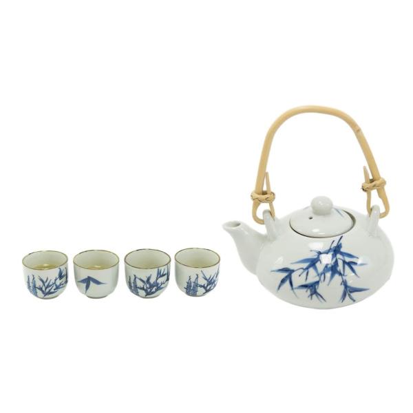 商品名: Ebros Gift 青と白 日本の竹の葉と枝のデザイン 磁器 小型 11オンス ティーポットとカップ4個 2オンスセット 竹の持ち手とストレーナー付き ホームインテリア アジアンティーポット コレクター収集品 Ebros Gif...