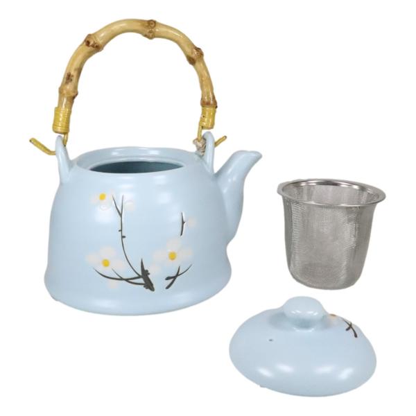 商品名: Ebros 日本の桜デザイン パステルスカイブルーカラー セラミックティーポット 36オンス 竹製ハンドル付き ホームデコレーション アジアンリビングティーポット 装飾パーティーホスティングダイニングテーブルアクセント 収集品 E...