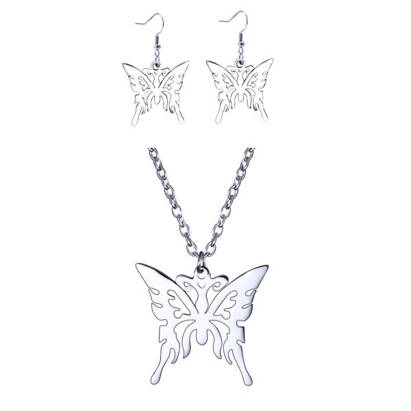商品名: バタフライペンダントネックレス3点セット ダングルイヤリングセット 上品なステンレススチール バタフライネックレス ファッションバタフライジュエリーギフト パンク ゴシック ドッグボーン パーソナライズチェーンネックレス 3 Pc...