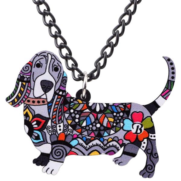 商品名: DUOWEI アクリル フローラル スタンディング バセット ハウンドネックレス カラフル 犬 ペット ペンダント ジュエリー ギフト レディース ガールズ ブラック DUOWEI Acrylic Floral Standing ...