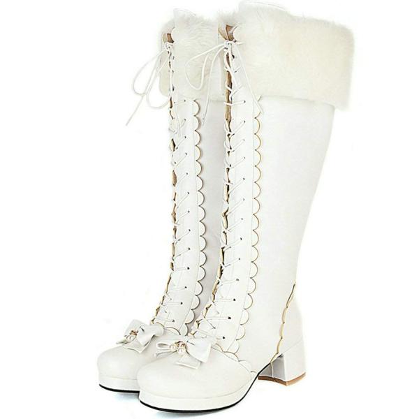 商品名:  LUXMAX Women Lolita Knee High Boots Lace Up Chunky Heel Tall Boots Faux Fur Fold Down Knee Length Boots, Size 7 M ...