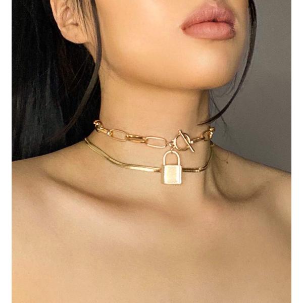 商品名Aimimier パンクスタッカブルロックペンダントネックレス 2個 フラットヘリンボーンチェーンネックレス OTクラスプジュエリー レディース ガールズ (ゴールド)Aimimier Punk Stackable Lock Pend...