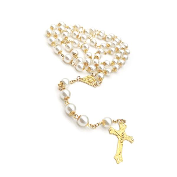 商品名: Amoybester ロザリオビーズ カトリックギフト 女性用 ゴールドロザリオネックレス イミテーションパールビーズ 十字架 壁 クロスネックレス ロザリオ カトリコス 女の子の初聖体拝領ギフト ホワイト Rosary Bead...