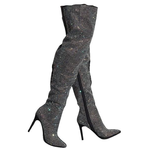商品名: レディース 全面ダイヤモンドラインストーンストライプフロントスラウチ太ももハイスティレットブーツ US サイズ: 11 カラー: ブラック BAMBOO Women's All Over Diamond Rhinestone St...