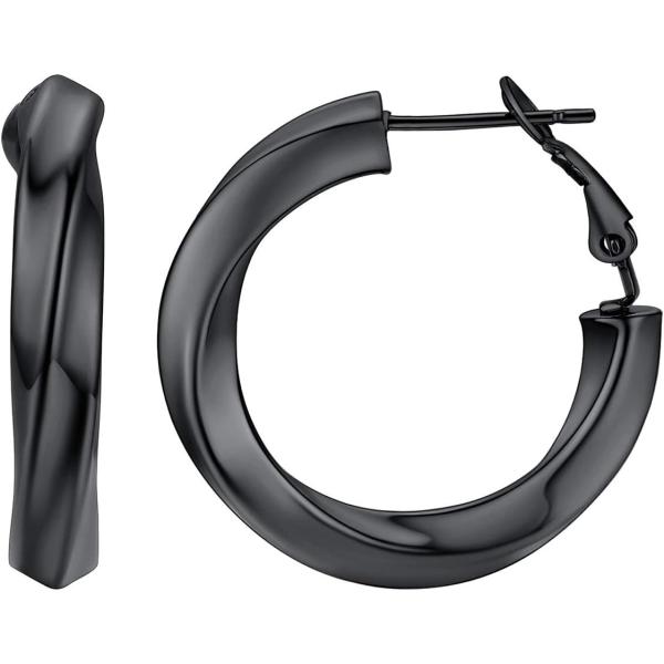 商品名Black Hoops Stainless Steel Cube Twisted Chunky Hoop Earrings for Women 30mm Hypoallergenic Hollow Tube Medium Rounde...