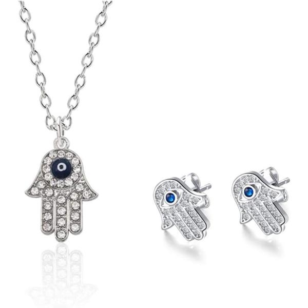 商品名COLORFUL BLING 2個セット ゴールド ホワイトゴールド メッキ 邪眼 ハムサ ハンド イヤリング ネックレス ファティマ ホワイト ブルー キュービック ジルコン クリスタル スタッド レディース ティーン ガールズCO...