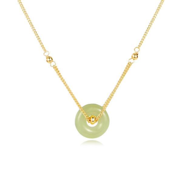 商品名Natural Hetian Jade Green Donut Double Layer Pendant Necklace Choker 14K Gold Good Luck Necklace 18inch Birthday Gift...