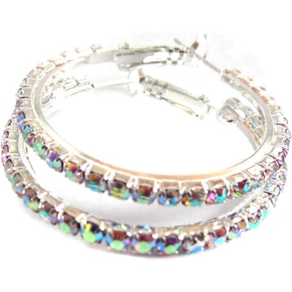 商品名シルバー玉虫色のクリスタルフープイヤリング 1.25インチ フープピアス ラインストーンフープSmall Silver Iridescent Crystal Hoop Earrings 1 inch Hoop Earrings Rhi...