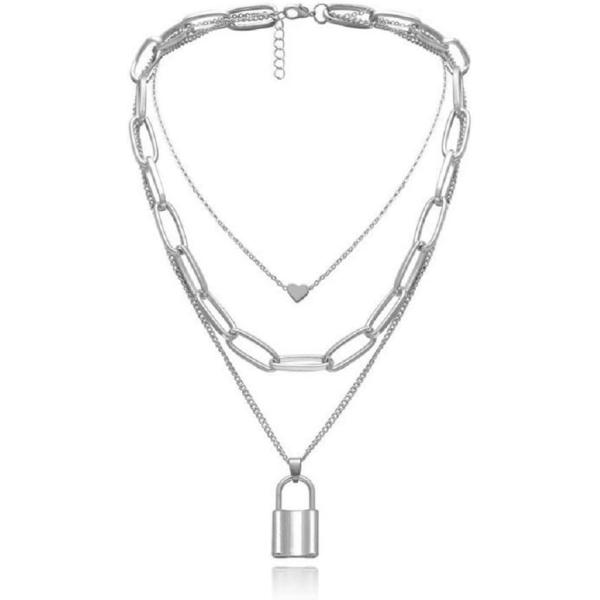 商品名COLORFUL BLING Egirl Jewelry エガールロックチェーンネックレス ステートメントロックキーペンダントネックレス シルバーセット Eboy ロングマルチレイヤーチェーン パンクチョーカー レディース ガールズC...