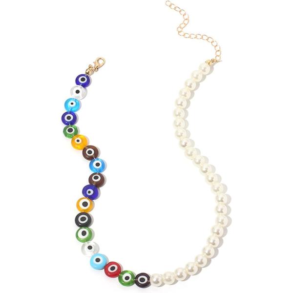 商品名COLORFUL BLING イーブルアイ パールビーズチョーカーネックレス ボヘミアン イーブルアイ グレーズビーズ パールストランドネックレス レディース ガールズ Y2Kスタイル 夏 ビーチ バケーション お守り ジュエリー, ...