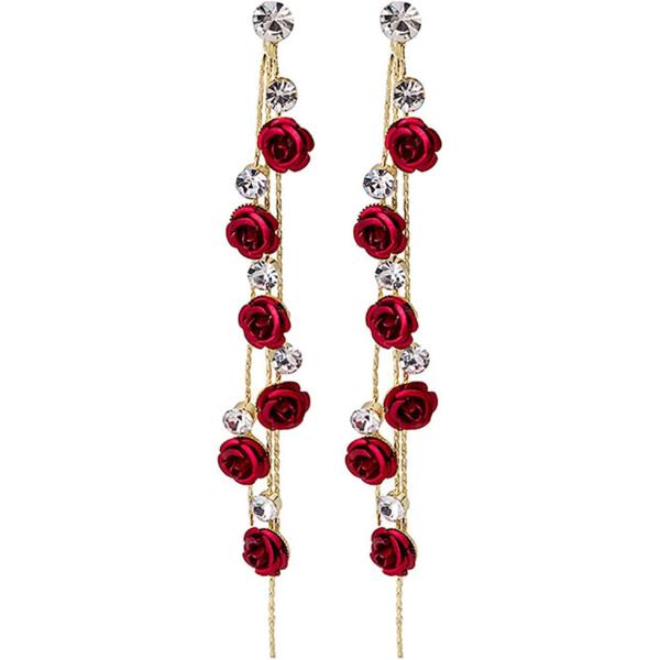 商品名ローズフラワードロップイヤリング レディース パープルレッド ロングタッセル ダングルイヤリング 結婚式 パーティー ジュエリー アクセサリー ギフト レッドRose Flower Drop Earrings For Women Pu...