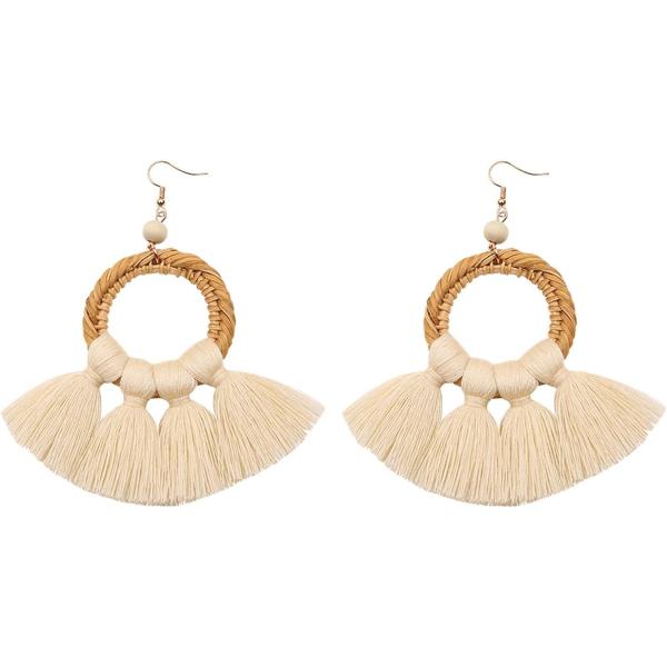 商品名Bohemian Large Circle Wooden Rattan Tassel Dangle Earrings Ethnic Handmade Woven Thread Fringe Drop Earrings for Wome...
