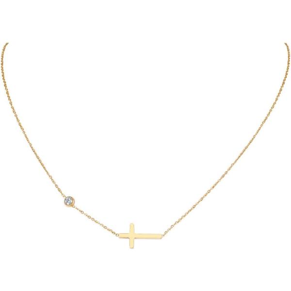 商品名TULOBI ゴールド横向きクロスネックレス レディース ガールズ 水平キュービックジルコニア クロスリンクチェーン 鎖骨ネックレス 低刺激性 チタンスチール チョーカーネックレス ジュエリーギフト, ステンレス鋼, キュービックジル...