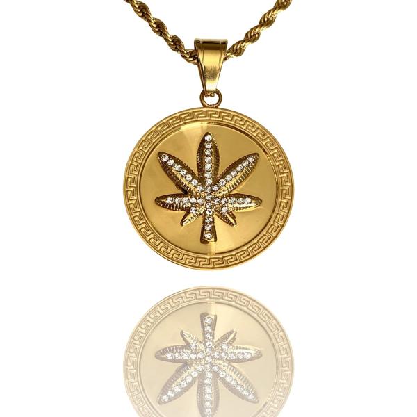 商品名Marijuana Weed Leaves 420 Friendly Iced Necklace Men Women 14k Gold Finish Pendant Stainless Steel Real 3 mm Rope Cha...