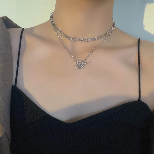 商品名YERTTER シルバーパンク ダブルレイヤー チャンキーチェーン トグルチェーン チョーカーネックレスセット レディース ティーン プロム 誕生日パーティーYERTTER Silver Punk Double Layered Chu...