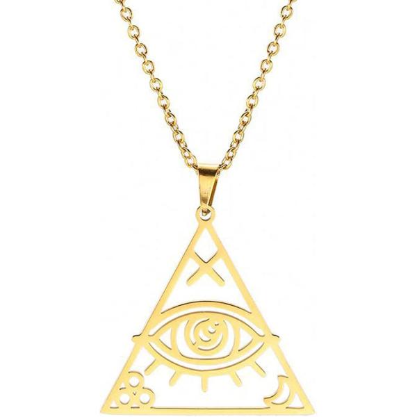 商品名Caiyao ピラミッド トライアングル イーブルアイ ネックレス トライアングル イーブルアイ ムーン クロス ペンダント ホルス アイ ステンレススチール チェーンネックレス レディース ガールズ ジュエリー, 金属, 目,Cai...