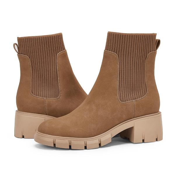 商品名:  Ruanyu Womens Lug Sole Platform Ankle Boots Elastic Chunky Block Heel Non-Slip Combat Comfortable Chelsea Bootiesブ...