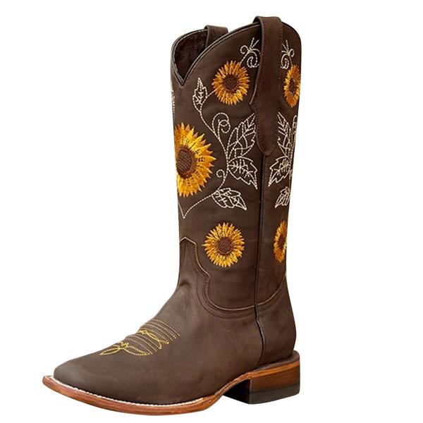 商品名:  ZBYY Women's Knee High Boots,Winter Square Toe Western Cowboy Dress Boots Mid Calf Low Heel Floral Embroidered Boo...