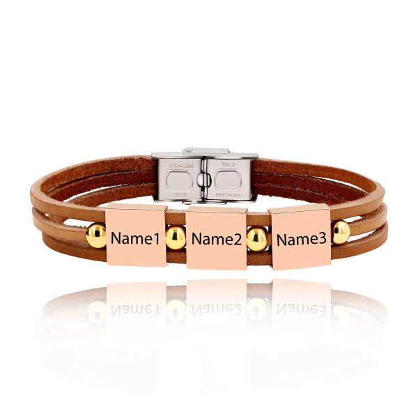 商品名: 3つのネームブレスレットバングル レディース マルチレイヤーレザーリストバンド ステンレスオーナメント付き カスタマイズ可, 石材, ストーン Uloveido Multi-Layer Leather Wristband Pers...