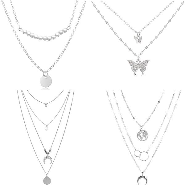 商品名BELLA-Bee 4PCS Layered Choker Necklace Gold/Silver Plated Adjustable Butterfly Moon Star Heart Pendant Multilayer Cha...