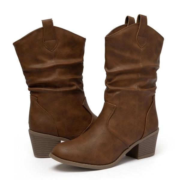 商品名:  katliu Women's Western Cowboy Boots with Pull-Up Tabs Mid-Calf Boots Low Heel Brownブランド: katliu商品サイズ: 9高さ: 27.9908...