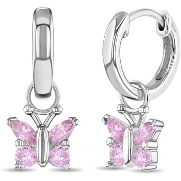 商品名925 スターリングシルバー キュービックジルコニア バタフライ ダングル フープ イヤリング 若い女の子とプレティーンズ用 - 可愛いバタフライイヤリング 女の子用, スターリングシルバー, キュービックジルコニア925 Sterl...
