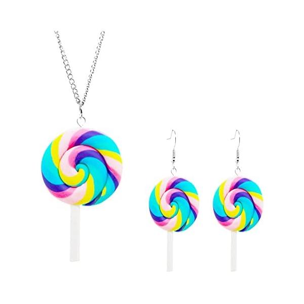 商品名2個 カラフル ロリポップ 食品 ステンレススチール イヤリング ネックレスセット レディース ガールズ ジュエリーギフト, 樹脂, 樹脂,Yissw 2 Pcs Colorful Lollipop Food Stainless St...