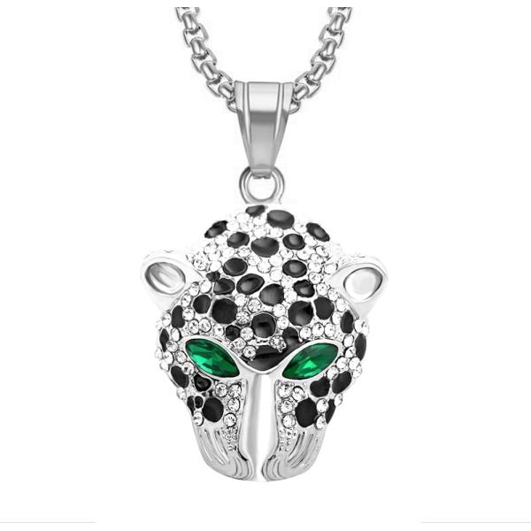 商品名ヒップホップ ステンレススチール アイスアウト ブラック エナメル 斑点 ヒョウ ヘッド ペンダント グリーン/レッド キュービックジルコニア 目 アニマルネックレス メンズ レディース 24インチチェーン, ステンレス鋼, キュービ...