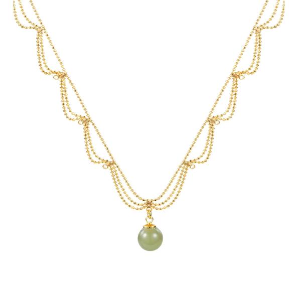 商品名Dainty 14K Gold Plated Hetian Jade Choker Necklace Multi Layer Round Pendant Women 16 inches Adjustable Jewelry Good ...