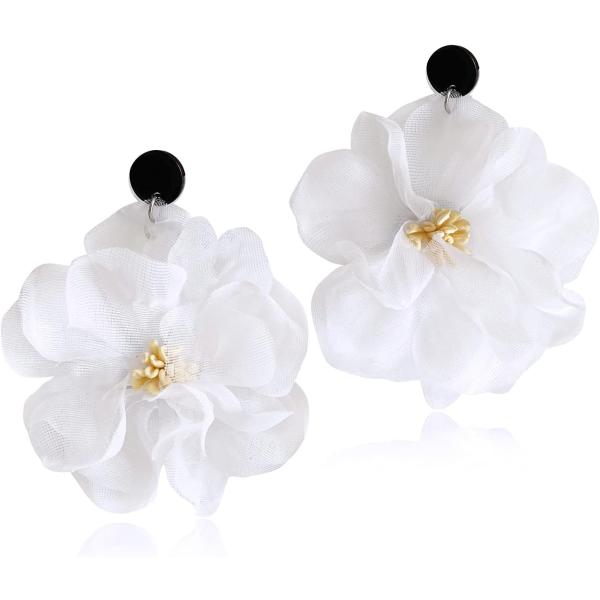 商品名D.Rosse ユニーク ボヘミアン 軽量 ビッグファブリック ホワイトフラワー ダングルイヤリング ハンドメイド チャーム シック 花びら イヤリング シフォン フローラル タッセル ドロップイヤリング レディース ガールズ バケー...