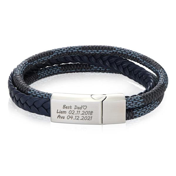 商品名:  MYKA - Personalized 3-Layer Blue &amp; Grey Braided Leather Bracelet with Stainless Steel Clasp - Customized Engra...