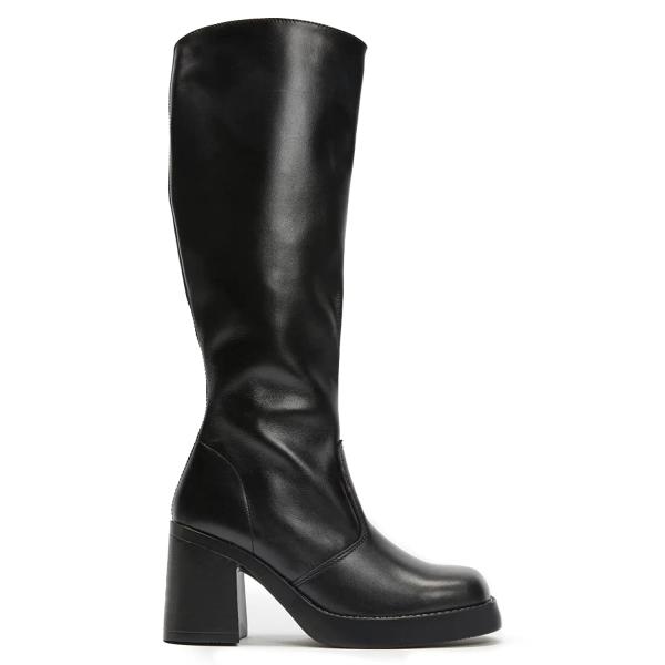 商品名:  FOWT Wide Calf Knee High Boots for Women Cap Toe Black Leather Long Booties Pull On Chunky Heels Square Heels Shoe...
